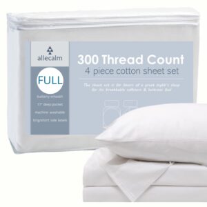 allecalm 100% cotton sheets set full size, breathable, soft 17 inch deep pocket, 4 pcs set, fitted sheet, easy fit, hotel luxury bed sheets for all season for dorm room, bed room, white