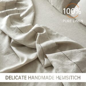 Simple&Opulence 100% Belgian Linen Sheet Set Handmade Hemstitch Linen Full Size Bed Sheet-4 Piece (1 Flat Sheet+1 Fitted Sheet+2 Pillowcases)-Natural Flax Farmhouse Bedding