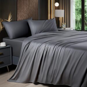 shilucheng 4-piece full size sheets set，rayon derived from bamboo_，cooling & breathable bed sheets, silky bedding sheets & pillowcases, 16 inch deep pockets (full,dark grey)