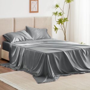 love's cabin full size satin sheet sets - 4 piece dark grey silky satin sheet set full with deep pocket, luxury silk feel satin bed sheets full bedding set (1 flat sheet,1 fitted sheet,2 pillow cases)