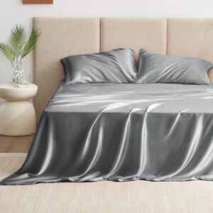 Love's cabin Full Size Satin Sheet Sets - 4 Piece Dark Grey Silky Satin Sheet Set full with Deep Pocket, Luxury Silk Feel Satin Bed Sheets Full Bedding Set (1 Flat Sheet,1 Fitted Sheet,2 Pillow cases)