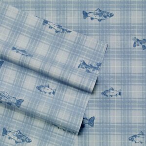 eddie bauer sheets cotton percale bedding set, crisp & cool, stylish home decor, full, methow plaid blue/white