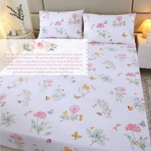 RYNGHIPY Egyptian Cotton Bed Sheets Full Size Set Garden Botanical Flowers Butterfly Sheets Set with Pillowcases Ultra Soft and Breathable Deep Pockets (White,Full Size)