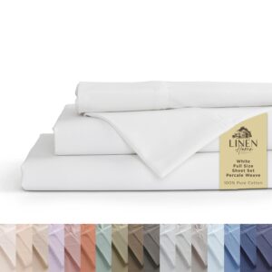 100% cotton percale sheets full size, white, deep pocket, 4 pieces sheet set - 1 flat, 1 deep pocket fitted sheet and 2 pillowcases, crisp cool and strong bed linen