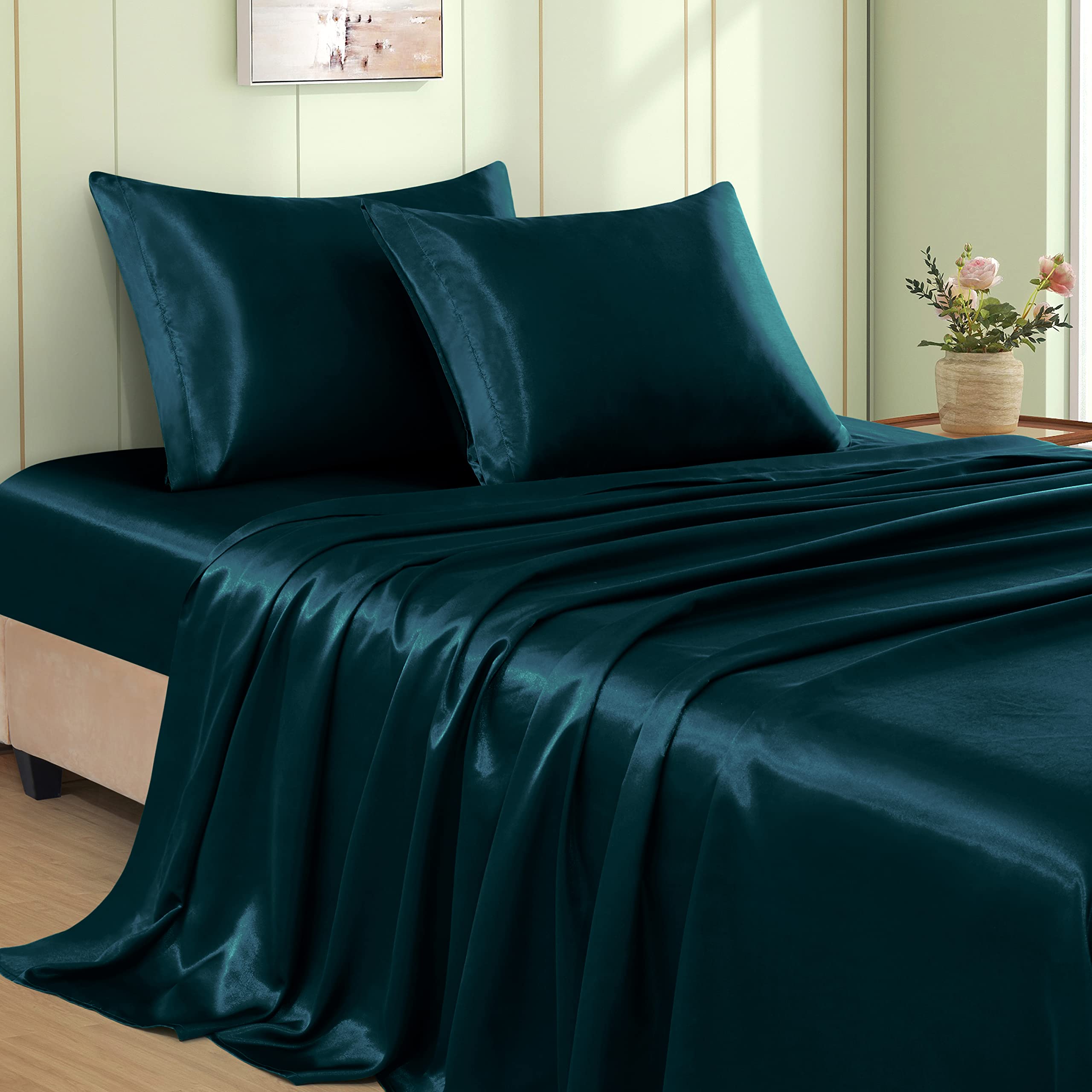 VACVELT 4pcs Dark Teal Satin Sheets Full Size Bed Set, 15 Inch Deep Pocket Silky Satin Sheet Set, Soft Satin Bedding Set Cooling & Luxury Bed Sheets, 1 Fitted Sheet + 1 Flat Sheet + 2 Pillowcases