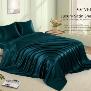 VACVELT 4pcs Dark Teal Satin Sheets Full Size Bed Set, 15 Inch Deep Pocket Silky Satin Sheet Set, Soft Satin Bedding Set Cooling & Luxury Bed Sheets, 1 Fitted Sheet + 1 Flat Sheet + 2 Pillowcases