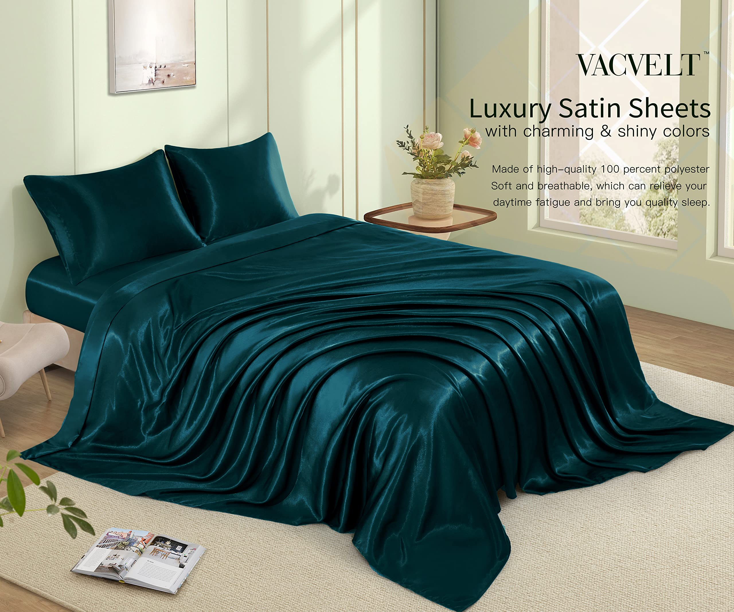 VACVELT 4pcs Dark Teal Satin Sheets Full Size Bed Set, 15 Inch Deep Pocket Silky Satin Sheet Set, Soft Satin Bedding Set Cooling & Luxury Bed Sheets, 1 Fitted Sheet + 1 Flat Sheet + 2 Pillowcases