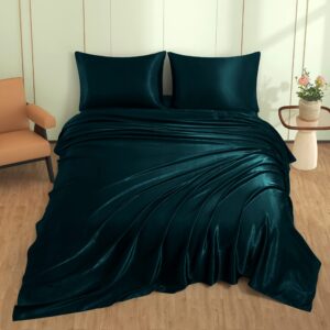 VACVELT 4pcs Dark Teal Satin Sheets Full Size Bed Set, 15 Inch Deep Pocket Silky Satin Sheet Set, Soft Satin Bedding Set Cooling & Luxury Bed Sheets, 1 Fitted Sheet + 1 Flat Sheet + 2 Pillowcases