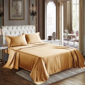 cozylux satin sheets full size - 4 piece gold bed sheet set with silky microfiber, 1 deep pocket fitted sheet, 1 flat sheet, and 2 pillowcases - smooth and soft