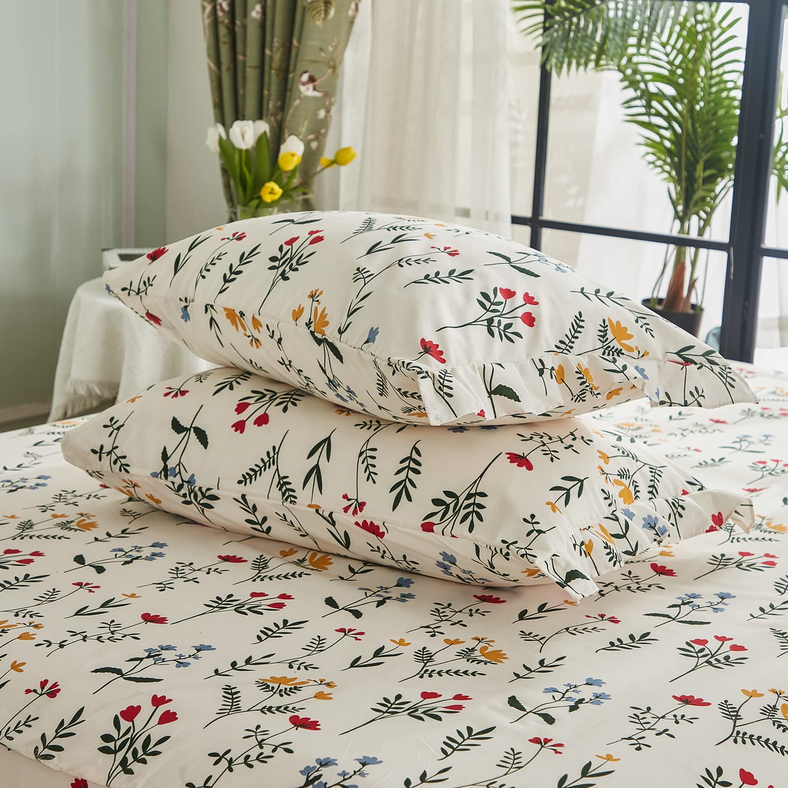 Floral Sheet Set Full Size, Flower Botanical Bedding Sheets with 1 Floral Flat Sheet, 1 Flower Fitted Sheet, 2 Pillowcases, Pastoral Style French Country Bed Sheets