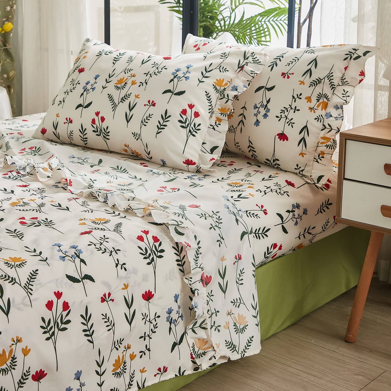 Floral Sheet Set Full Size, Flower Botanical Bedding Sheets with 1 Floral Flat Sheet, 1 Flower Fitted Sheet, 2 Pillowcases, Pastoral Style French Country Bed Sheets