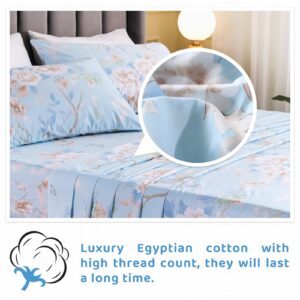 QSH 100% Egyptian Cotton Sheets Full Size Set, Blue Bird Plant Pattern Botanical Luxury Cotton Printed Bedding Floral Full Bed Sheets Extra Soft and Breathable 4pcs Deep Pockets Sheets