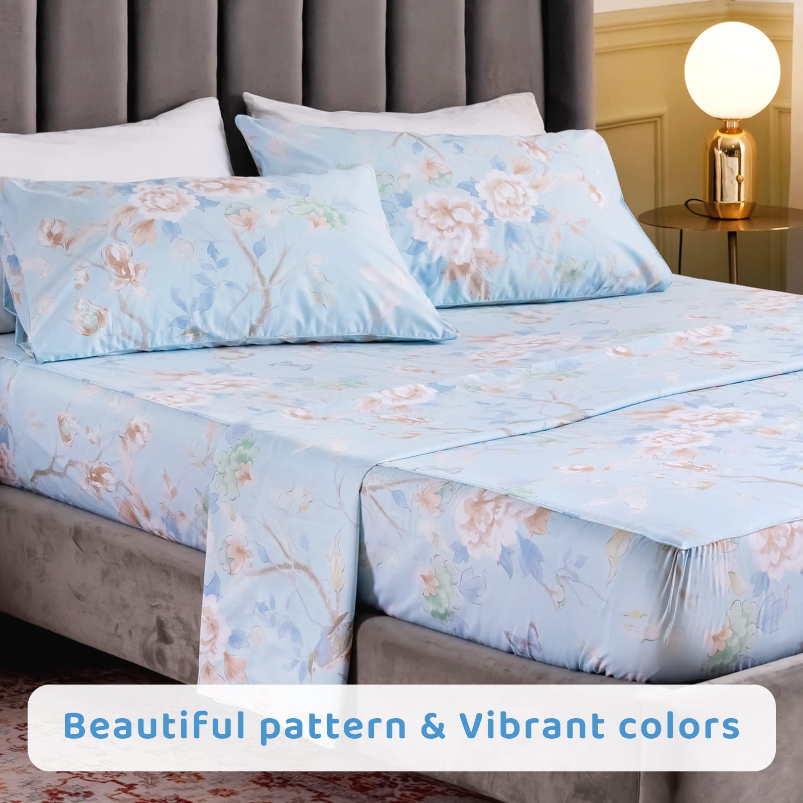 QSH 100% Egyptian Cotton Sheets Full Size Set, Blue Bird Plant Pattern Botanical Luxury Cotton Printed Bedding Floral Full Bed Sheets Extra Soft and Breathable 4pcs Deep Pockets Sheets