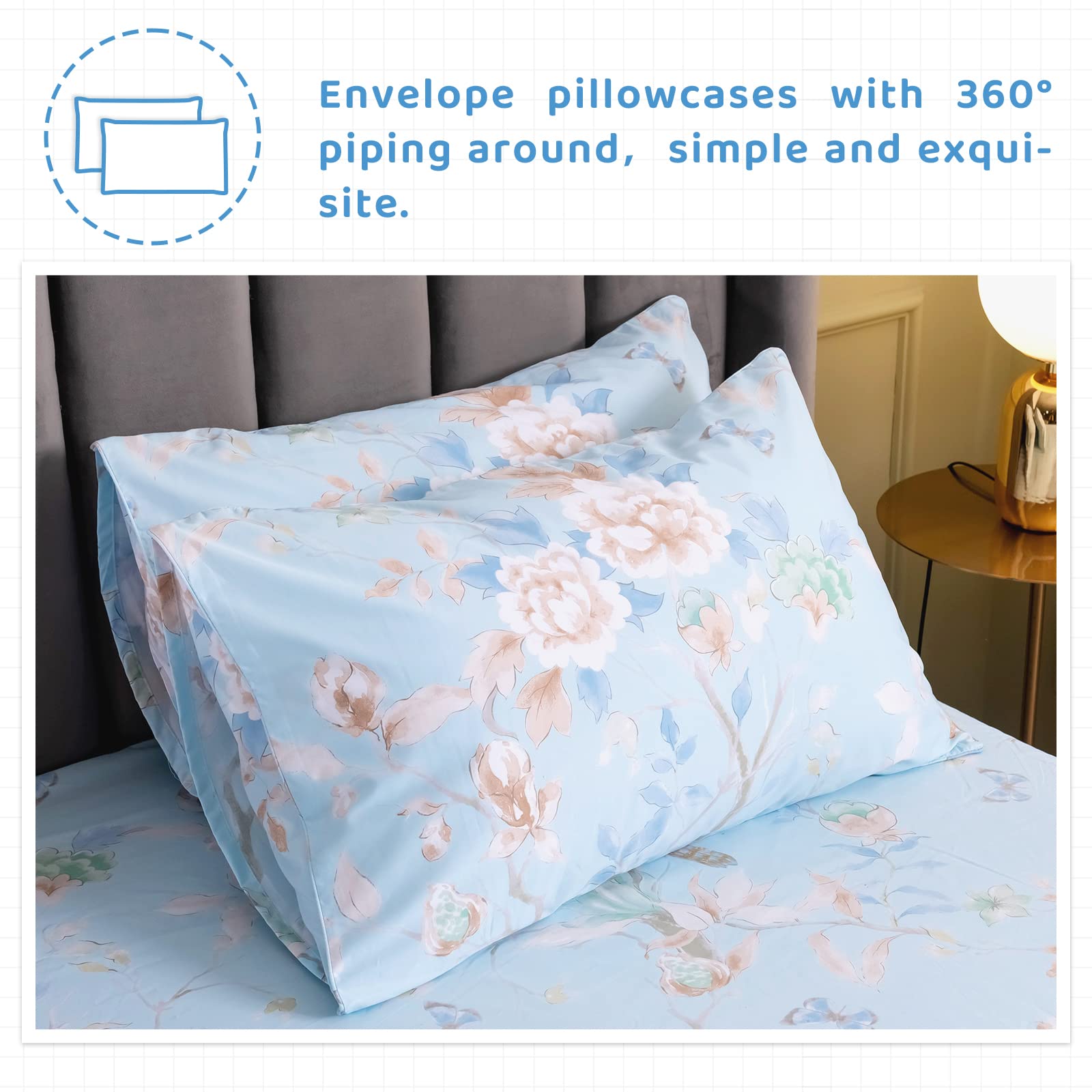 QSH 100% Egyptian Cotton Sheets Full Size Set, Blue Bird Plant Pattern Botanical Luxury Cotton Printed Bedding Floral Full Bed Sheets Extra Soft and Breathable 4pcs Deep Pockets Sheets