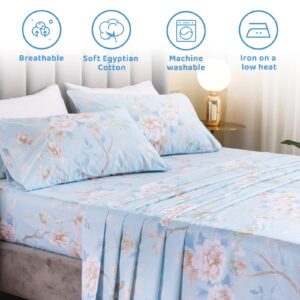 QSH 100% Egyptian Cotton Sheets Full Size Set, Blue Bird Plant Pattern Botanical Luxury Cotton Printed Bedding Floral Full Bed Sheets Extra Soft and Breathable 4pcs Deep Pockets Sheets