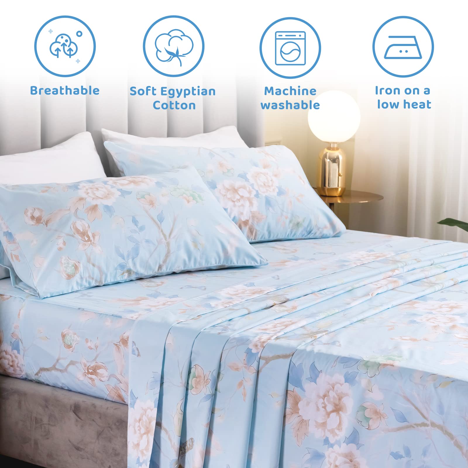 QSH 100% Egyptian Cotton Sheets Full Size Set, Blue Bird Plant Pattern Botanical Luxury Cotton Printed Bedding Floral Full Bed Sheets Extra Soft and Breathable 4pcs Deep Pockets Sheets