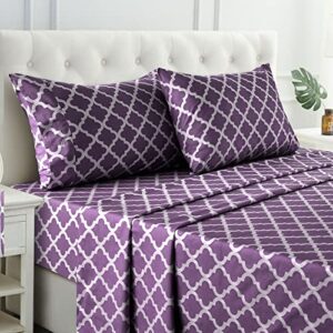 lux decor full size bed sheets set, 4-pc, breathable hotel style sheets, microfiber sheets deep pockets, easy-fit, soft & wrinkle free oeko-tex quatrefoil bed sheets (full, purple)