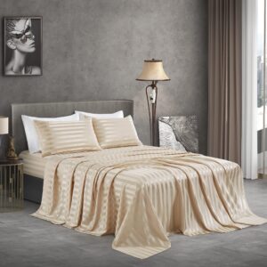 Manyshofu Beige Satin Striped Sheets - 4Pcs Satin Sheets Full Size, Cooling Silky Satin Bed Sheets Luxury Bedding Sheet Set(1 Satin Fitted Sheet, 1 Satin Flat Sheet, 2 Satin Pillow Cases)