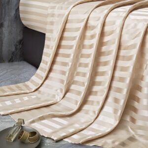 Manyshofu Beige Satin Striped Sheets - 4Pcs Satin Sheets Full Size, Cooling Silky Satin Bed Sheets Luxury Bedding Sheet Set(1 Satin Fitted Sheet, 1 Satin Flat Sheet, 2 Satin Pillow Cases)