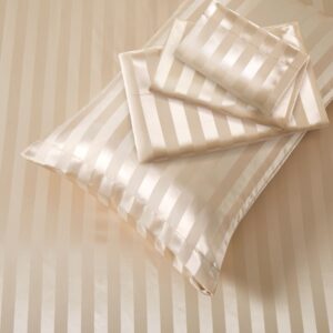 Manyshofu Beige Satin Striped Sheets - 4Pcs Satin Sheets Full Size, Cooling Silky Satin Bed Sheets Luxury Bedding Sheet Set(1 Satin Fitted Sheet, 1 Satin Flat Sheet, 2 Satin Pillow Cases)