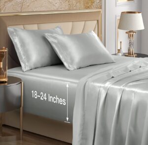 vacvelt 4pcs extra deep pocket satin sheets full size bed set, silver grey satin sheet set fit 18-24 inch deep pocket mattress, silky & luxury satin bedding set soft & ultra deep fitted sheet set