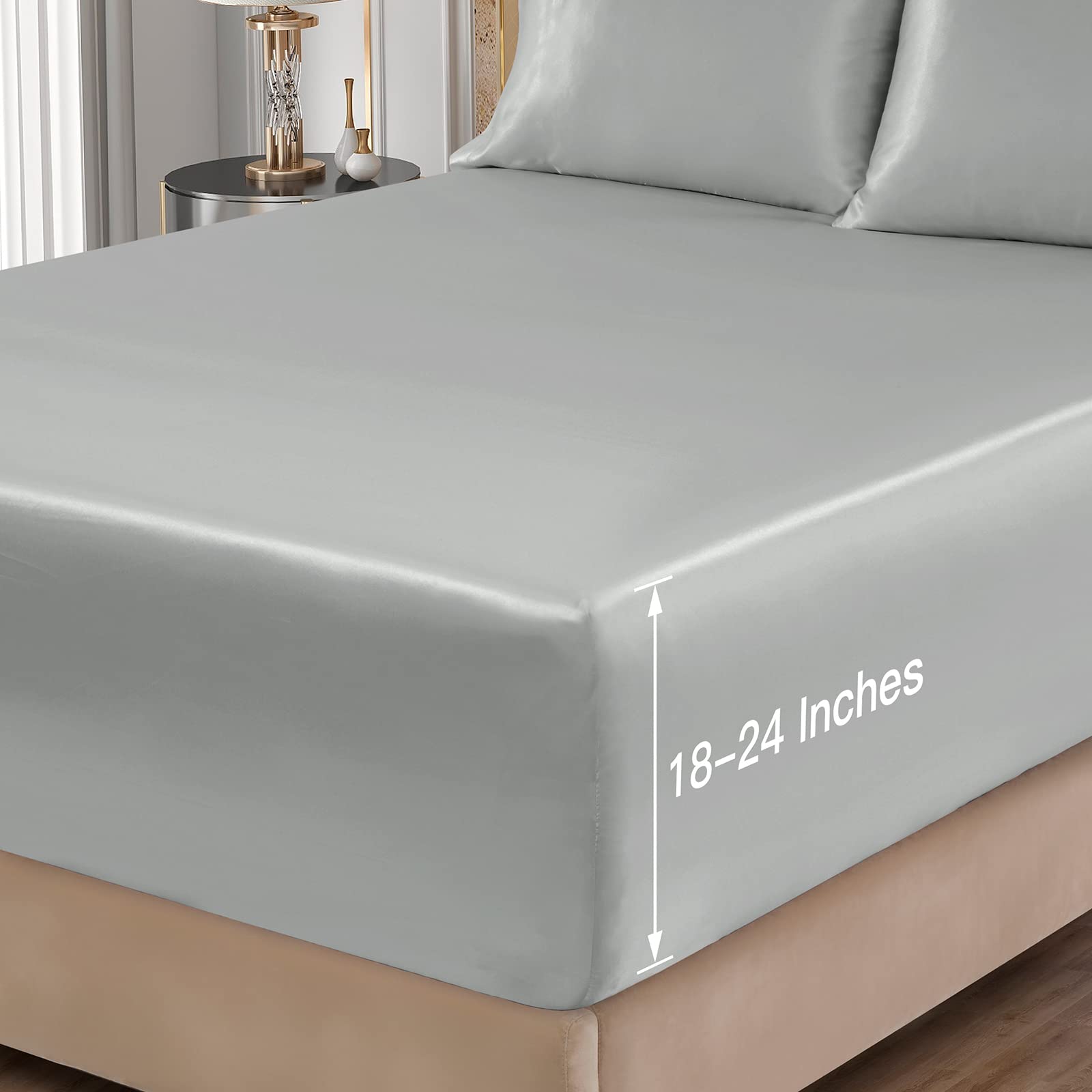 VACVELT 4pcs Extra Deep Pocket Satin Sheets Full Size Bed Set, Silver Grey Satin Sheet Set Fit 18-24 Inch Deep Pocket Mattress, Silky & Luxury Satin Bedding Set Soft & Ultra Deep Fitted Sheet Set