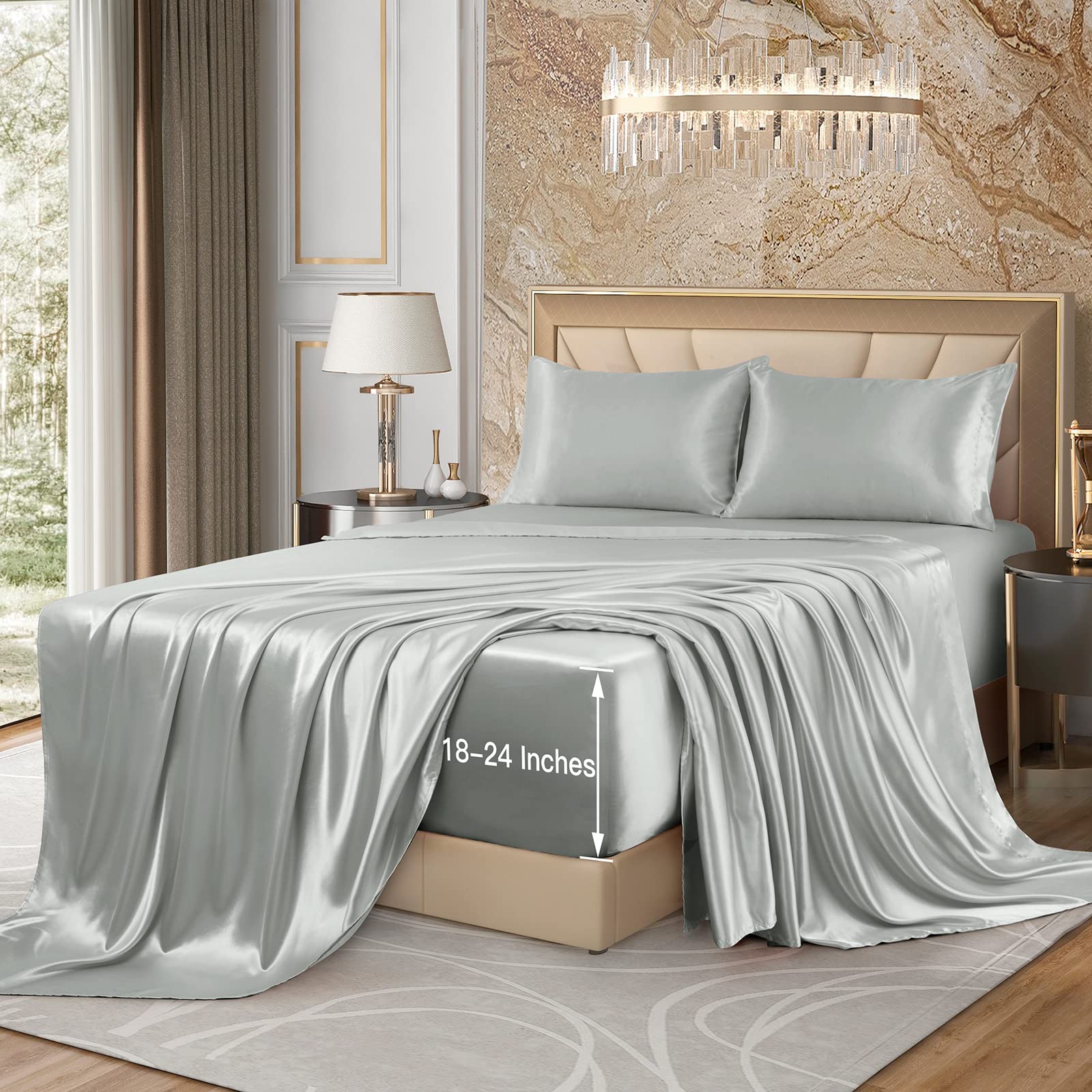 VACVELT 4pcs Extra Deep Pocket Satin Sheets Full Size Bed Set, Silver Grey Satin Sheet Set Fit 18-24 Inch Deep Pocket Mattress, Silky & Luxury Satin Bedding Set Soft & Ultra Deep Fitted Sheet Set