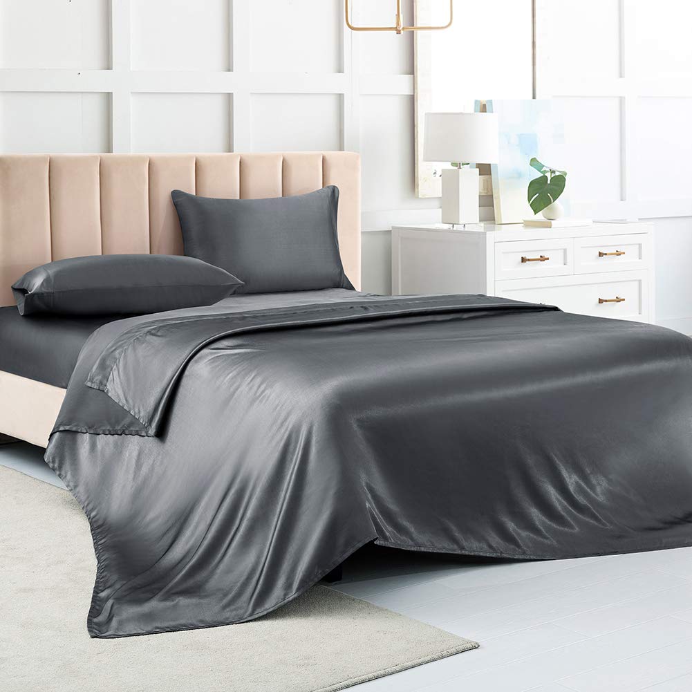 Satin Bed Sheets Full Size Sheet Sets, Grey Silk Sheets, 4 - Pieces Soft Bedding Set with 1 Deep Pocket Fitted Sheet,1 Flat Sheet,2 Pillowcase