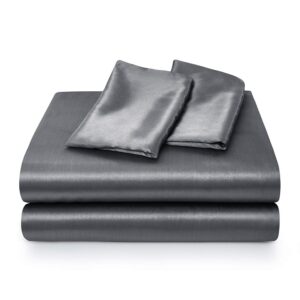 Satin Bed Sheets Full Size Sheet Sets, Grey Silk Sheets, 4 - Pieces Soft Bedding Set with 1 Deep Pocket Fitted Sheet,1 Flat Sheet,2 Pillowcase