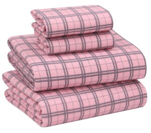 ruvanti flannel sheets full size - 100% cotton brushed flannel bed sheet sets - deep pockets 16 inches - all seasons breathable & super soft - warm & cozy - 4 pcs - check & bolt pink