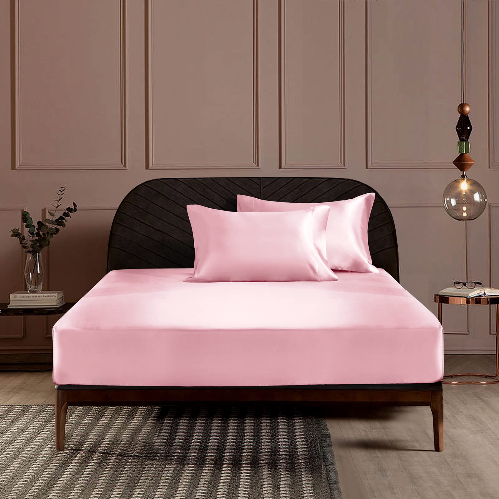 CozyLux Satin Sheets Full Size - 4 Piece Pink Bed Sheet Set with Silky Microfiber, 1 Deep Pocket Fitted Sheet, 1 Flat Sheet, and 2 Pillowcases - Smooth and Soft