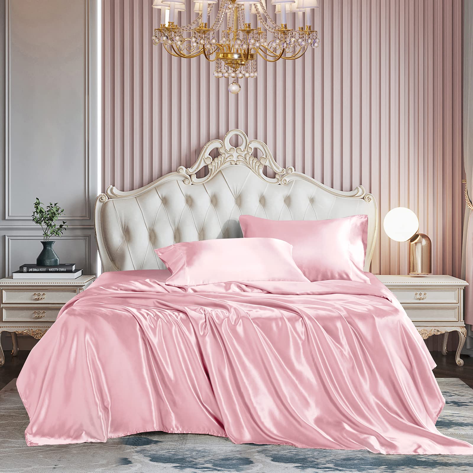 CozyLux Satin Sheets Full Size - 4 Piece Pink Bed Sheet Set with Silky Microfiber, 1 Deep Pocket Fitted Sheet, 1 Flat Sheet, and 2 Pillowcases - Smooth and Soft