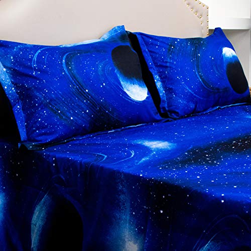 Bedlifes Galaxy Sheets Outer Space Sheet Set Galaxy Themed Sheets 4 pcs Flat Sheet& Fitted Sheets with 2 Pillowcases(Light Blue Full)