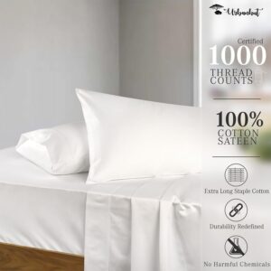 URBANHUT 1000 Thread Count Egyptian Cotton Sheets Full Size, Long Staple Soft & Breathable, 4 Pc Bed Sheet Sets, Luxury Hotel Sateen Sheets Fits 16" Deep Pocket - White