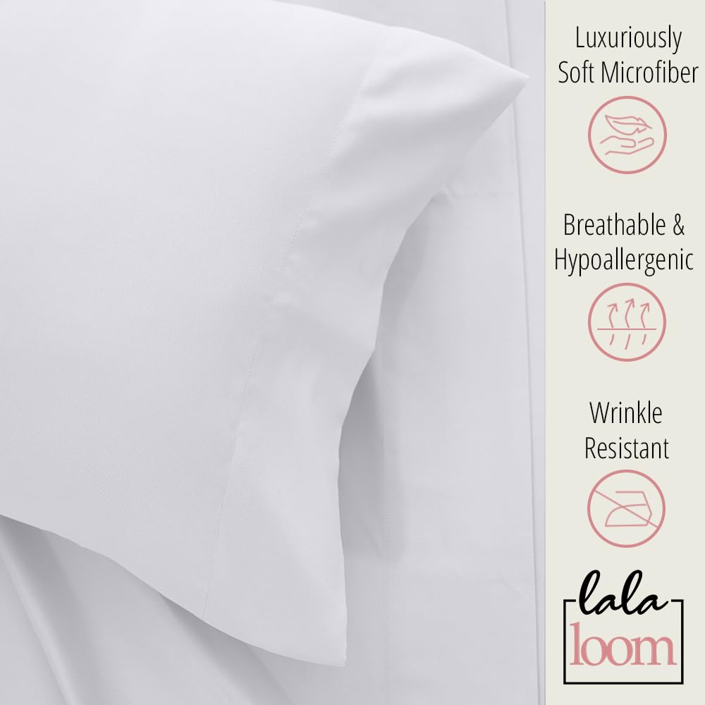 lalaLOOM Full Bed Sheet Set, Soft Microfiber Hotel Luxury Bedding, Extra Deep Pocket, 4 Piece Sheets and Pillowcase Sets, Breathable Wrinkle, Fade Resistant, Machine Washable Linen, Bright White