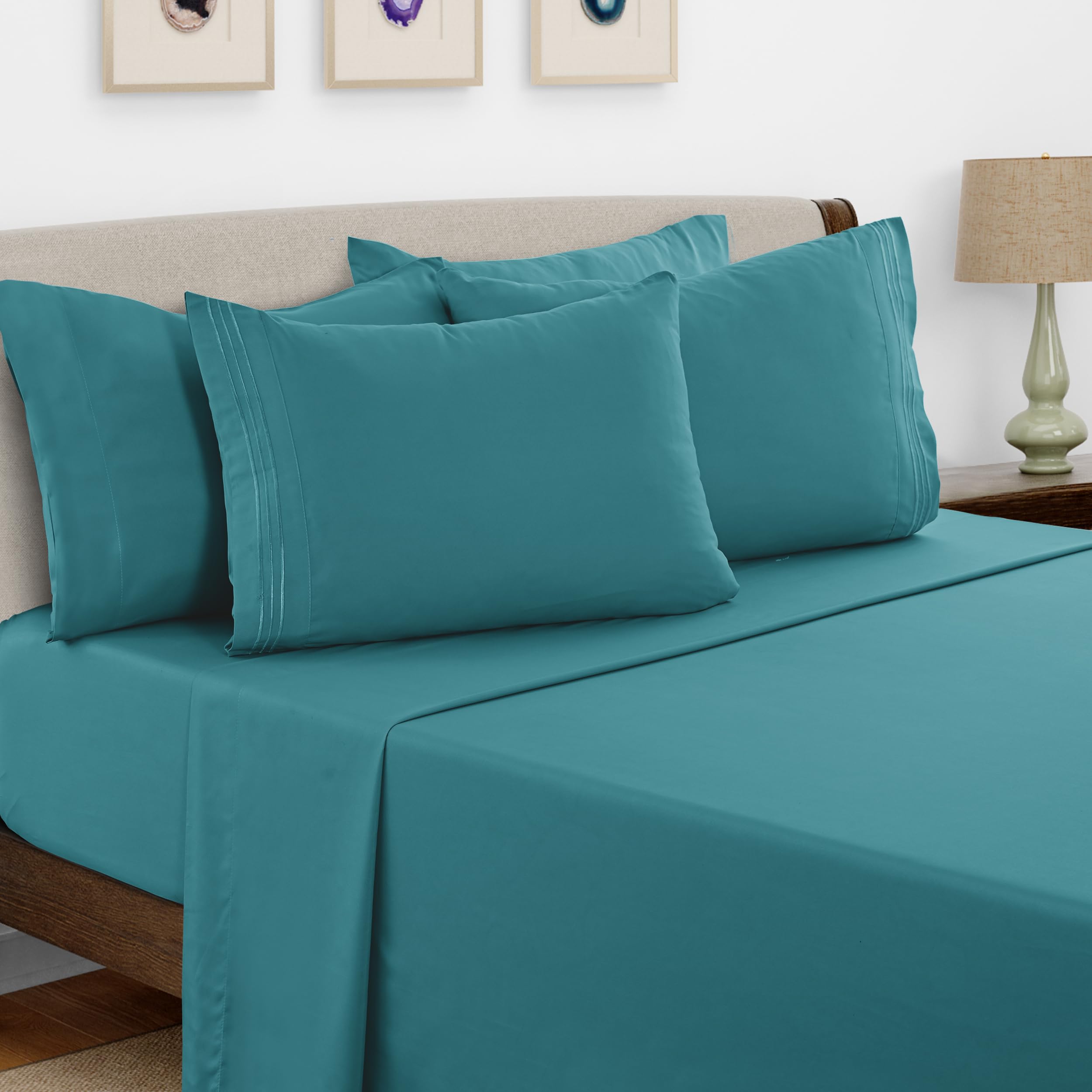 Lux Decor Full Sheet Set - 6 PC Brushed Microfiber Bed Sheets 16 Inches Deep Pockets - Embroidered & Plain Pillowcases - Hotel Luxury Sheets Full Size Bed Set - Soft Bedding sheets (Teal)