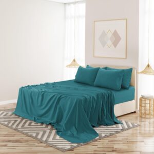 Lux Decor Full Sheet Set - 6 PC Brushed Microfiber Bed Sheets 16 Inches Deep Pockets - Embroidered & Plain Pillowcases - Hotel Luxury Sheets Full Size Bed Set - Soft Bedding sheets (Teal)