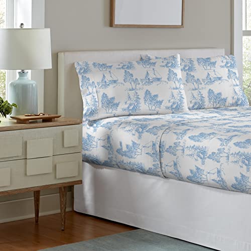 Pointehaven 180 GSM 100% Cotton Flannel Sheet Set - Full, Scenic Toile Blue - Warm & Cozy - Pre-Shrunk -Deep Pockets - Elastic All Around-Comfy Double Brushed