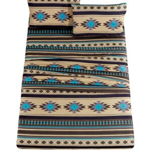 Chezmoi Collection Prescott 4-Piece Southwestern Geometric Tribal Multicolor Teal Beige Black Gray Sheet Set, Full Size