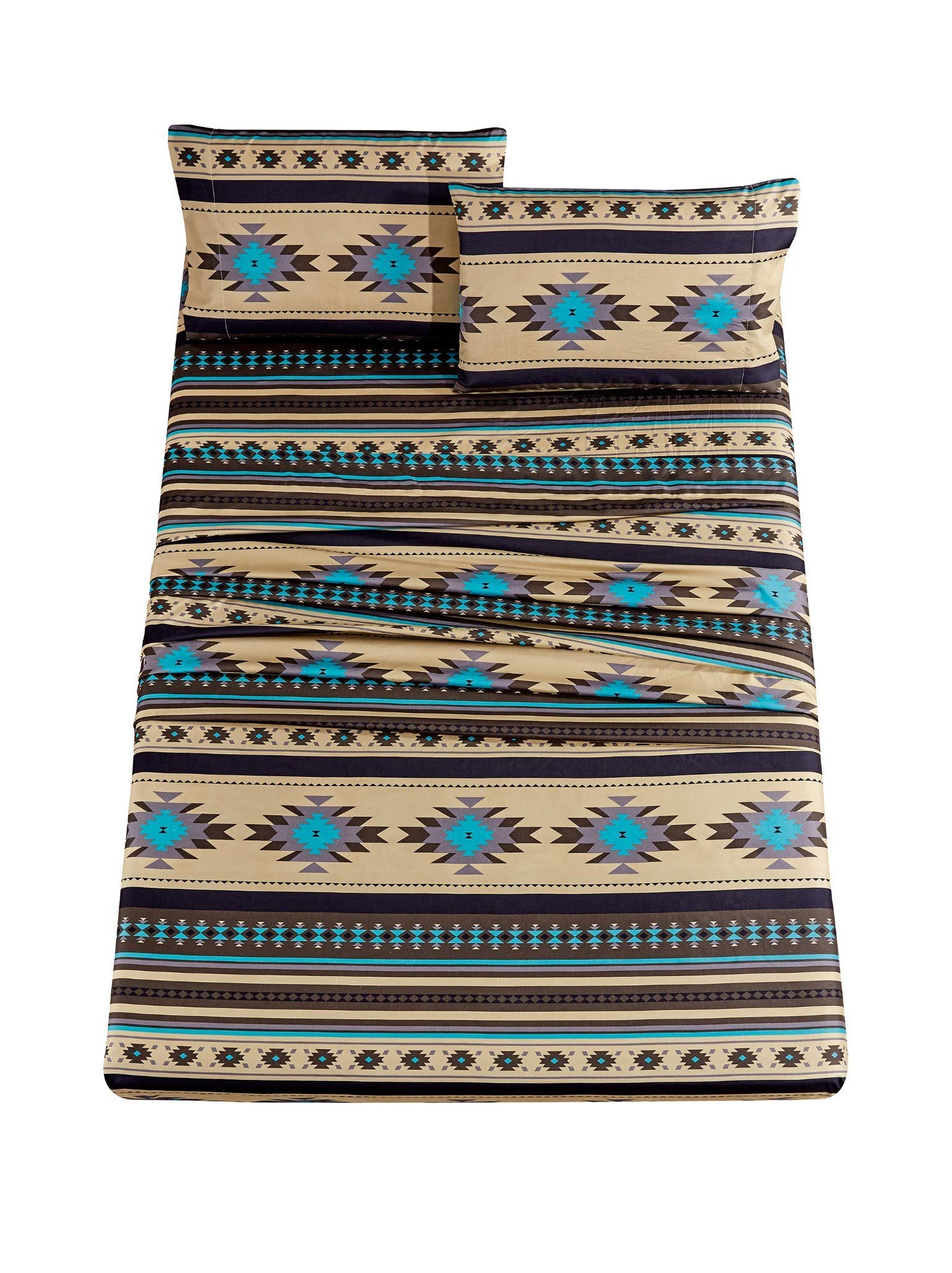 Chezmoi Collection Prescott 4-Piece Southwestern Geometric Tribal Multicolor Teal Beige Black Gray Sheet Set, Full Size