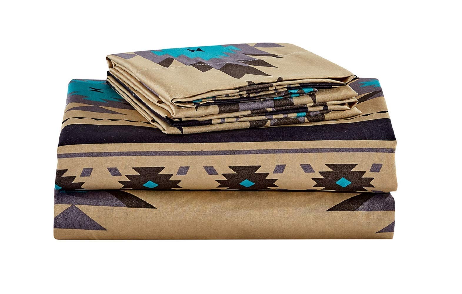 Chezmoi Collection Prescott 4-Piece Southwestern Geometric Tribal Multicolor Teal Beige Black Gray Sheet Set, Full Size