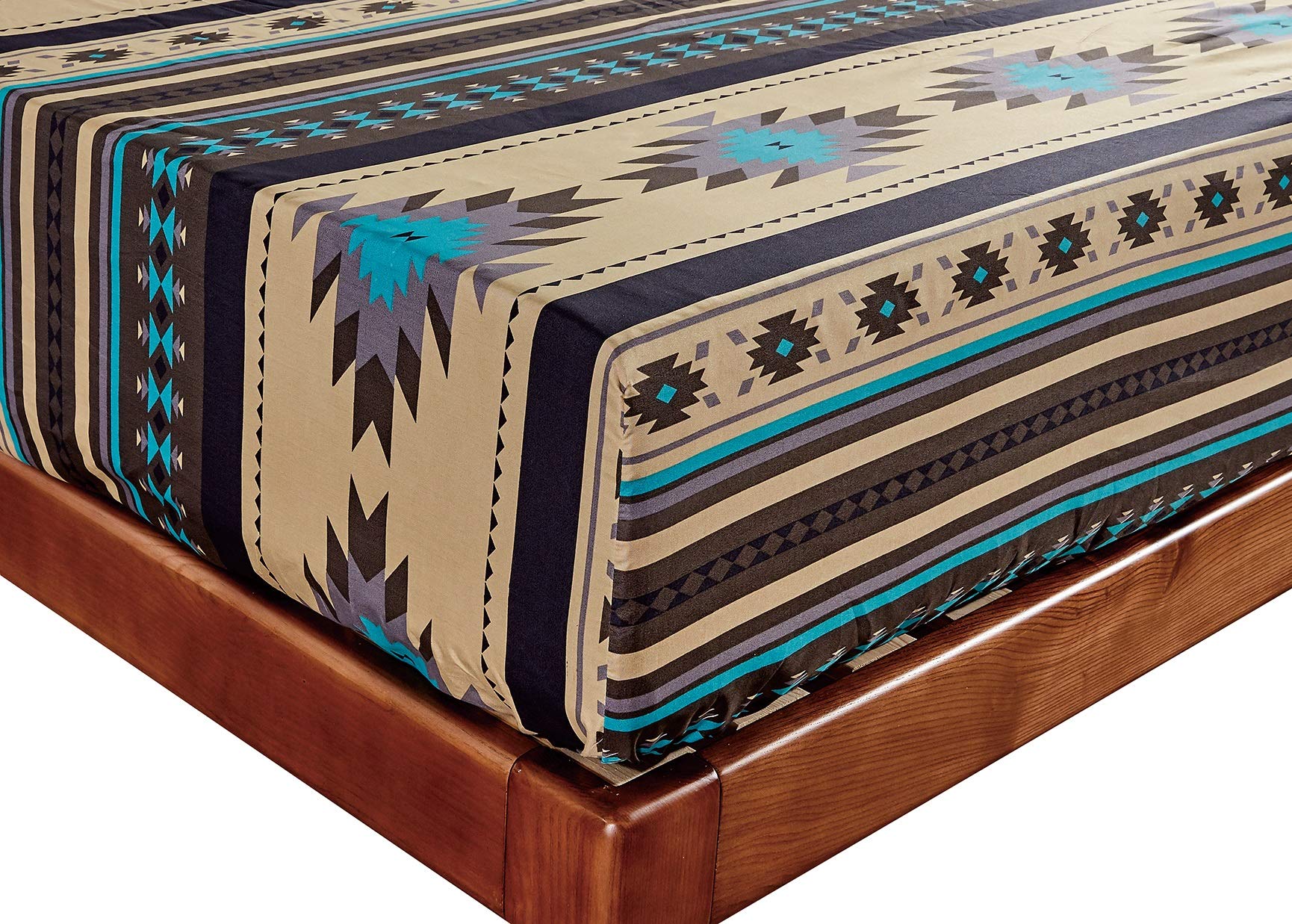 Chezmoi Collection Prescott 4-Piece Southwestern Geometric Tribal Multicolor Teal Beige Black Gray Sheet Set, Full Size