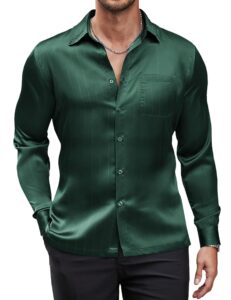 coofandy men's silk satin dress shirts luxury long sleeve shirt shiny button up shirts (army green, x-large)