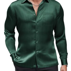 COOFANDY Men's Silk Satin Dress Shirts Luxury Long Sleeve Shirt Shiny Button Up Shirts (Army Green, X-Large)