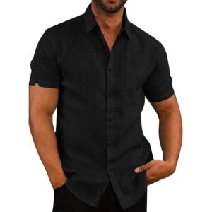 jekaoyi button down short sleeve linen shirts for men summer casual cotton spread collar beach shirts (black, x-large)