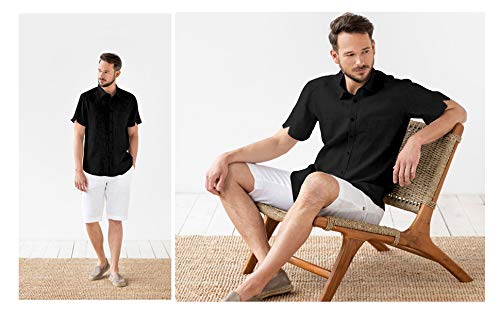 JEKAOYI Button Down Short Sleeve Linen Shirts for Men Summer Casual Cotton Spread Collar Beach Shirts (Black, X-Large)