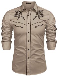 coofandy mens western cowboy shirt embroidered denim long sleeve casual button down shirt (large, khaki)