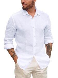 mens button up shirts linen beach long sleeve casual cotton summer lightweight tops x-large