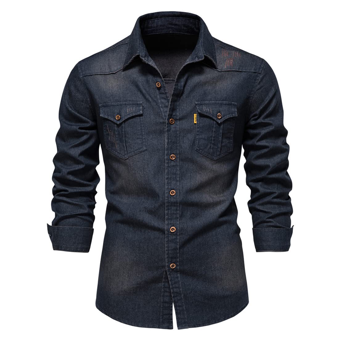 utcoco Men's Casual Slim Fit Long Sleeve Lapel Button Down Denim Shirt with Chest Pockets (L, Dark Blue)