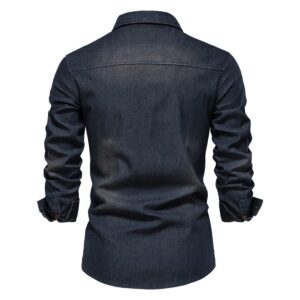 utcoco Men's Casual Slim Fit Long Sleeve Lapel Button Down Denim Shirt with Chest Pockets (L, Dark Blue)